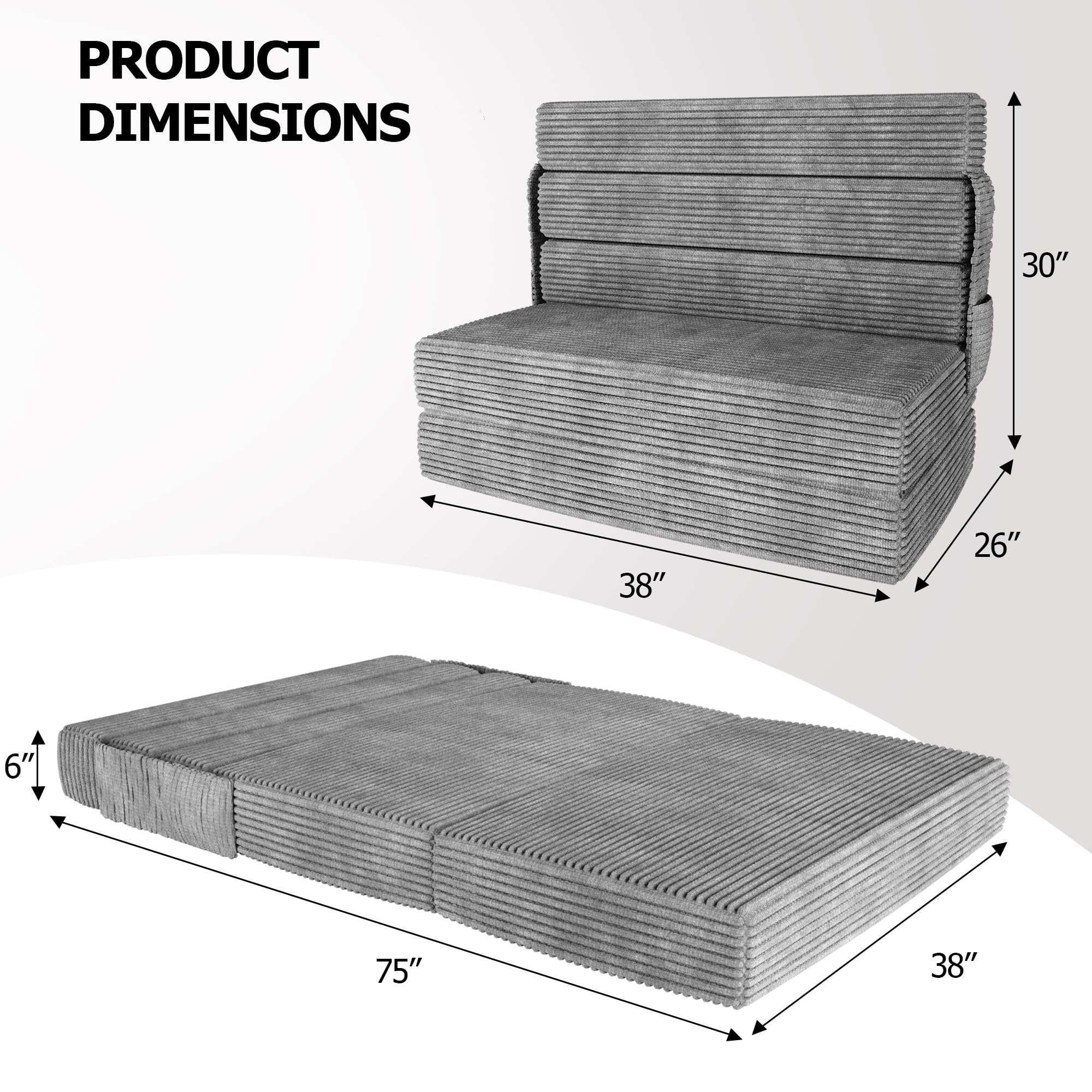 Slumbrae Folding Sofa Bed, 6" [Twin] Foldable Sofa Mattress with Back Support & Fixed Velcro for Living Room & Office, Grey, 75" * 38"