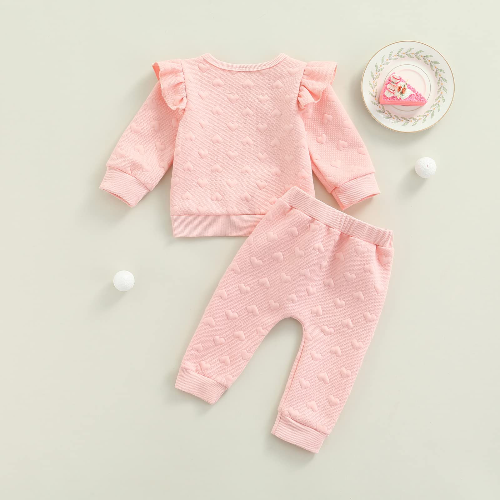Ynibbim Valentine Baby Girl Clothes Set Ruffle Long Sleeve Sweatshirts Tops Pants Heart-Shape Printed Outfit (Pink, 6-12 Months)
