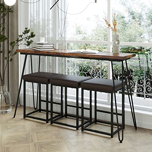 Merax 4-Piece Counter Height Wooden Dining Set with Extra Long Dining Table and 3 PU Stools, Bar Table Set for Kitchen Dining Room, Rustic Brown Table + Black Stool