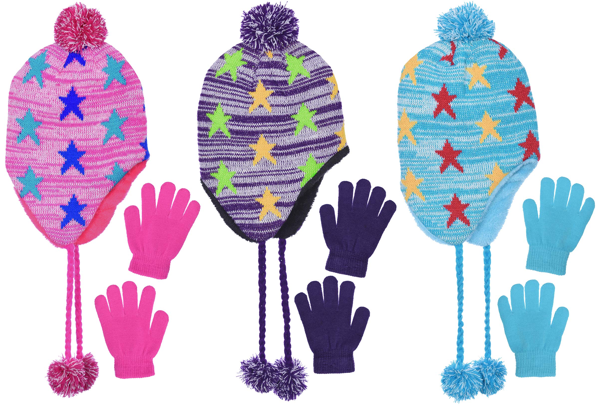 Girls Fleece Lined Knit Pom Beanie & Gloves Set with Warm Ear Flaps for Winter (Pink)