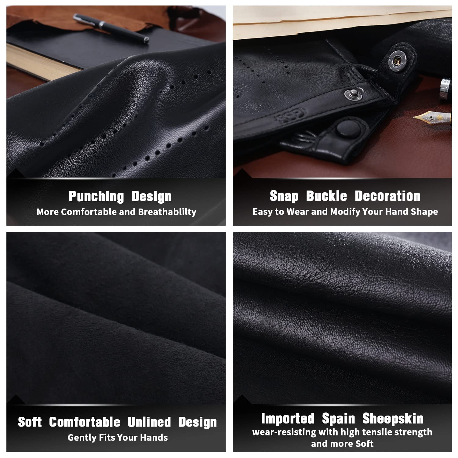 GSG Women's Driving Gloves Fingerless Leather Motorcycle Gloves Unlined Half Finger Black Small