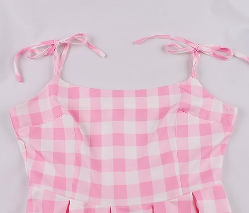 Nihsatin Barbie Pink Swing Dress Tie Shoulder Plaid Printed Knot Waist Dress