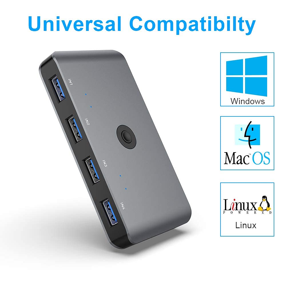 USB 3.0 Switcher Selector 4 Computers Sharing 4 USB Devices Aluminum KVM Switch Hub Adapter for Mouse Keyboard Scanner Printer PC, KVM Console Box with One Button Swapping and 4 Pack USB Cable