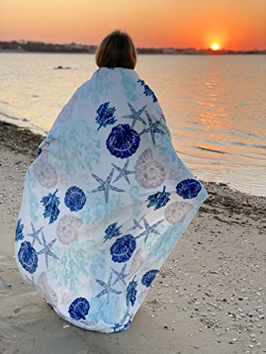 Ocean Life Coastal Throw Blanket: Soft Plush Velvet Fleece Calming Hues of Blues Beige on White, Accent for Sofa Couch Chair Bed or Dorm (Coastal Shells)