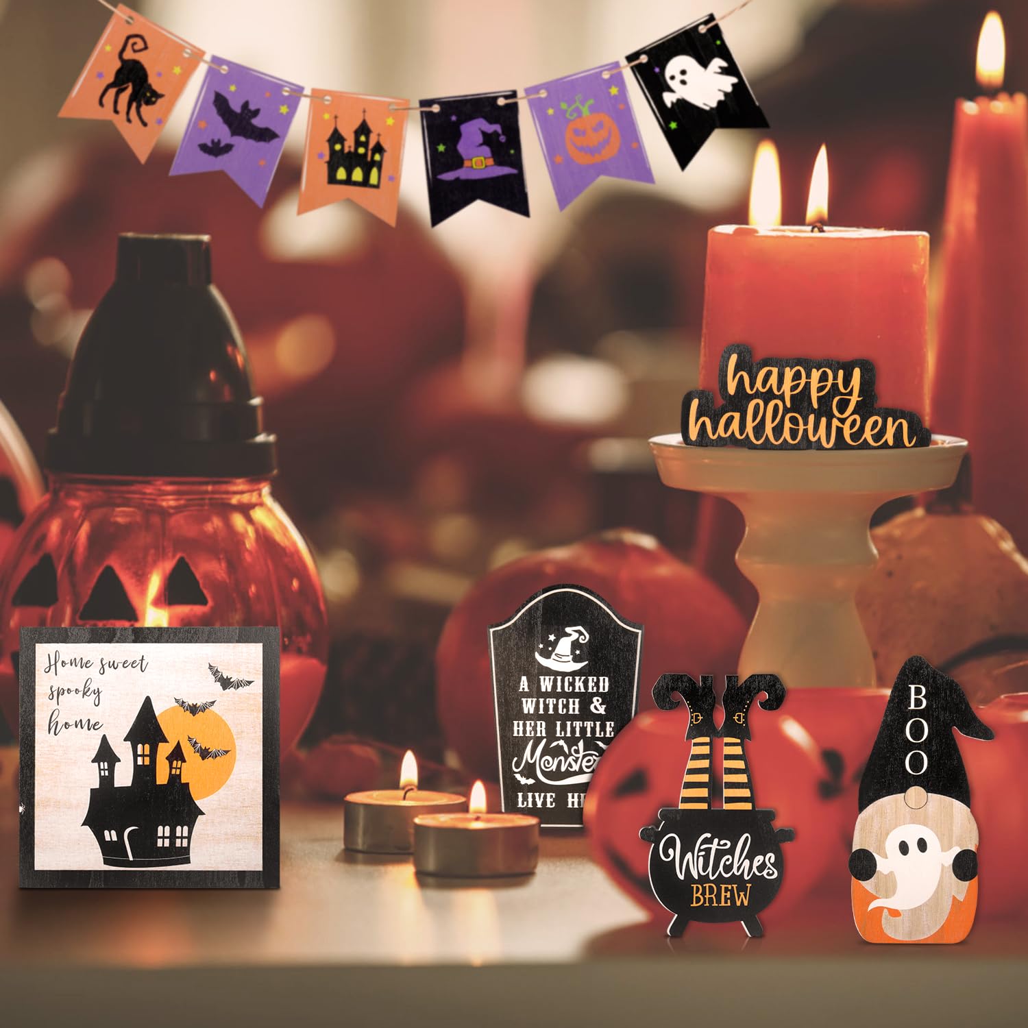 Halloween Tiered Tray Decor |Happy Halloween Decorations Indoor| Rustic Halloween Wooden Sign for Kitchen Home Table Room, 14PCs Halloween Party Supplies(Tray Not Included)