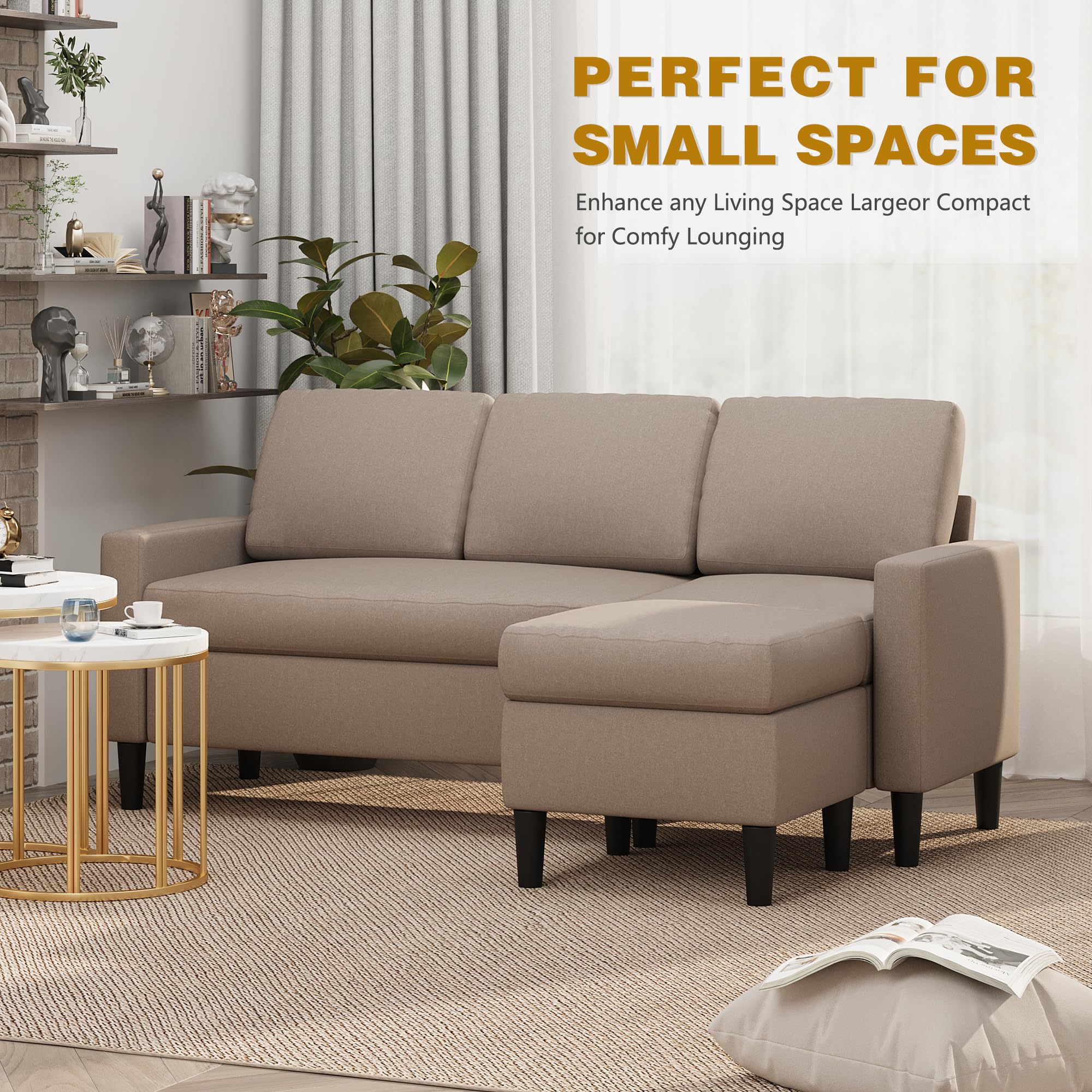 Shintenchi 74" Convertible Sectional Sofa Couch, Small 3-Seat L-Shaped Sofa with Modern Linen Fabric Upholstered, Space-Saving Sofa with Reversible Chaise for Living Room Apartment(Dark Beige)