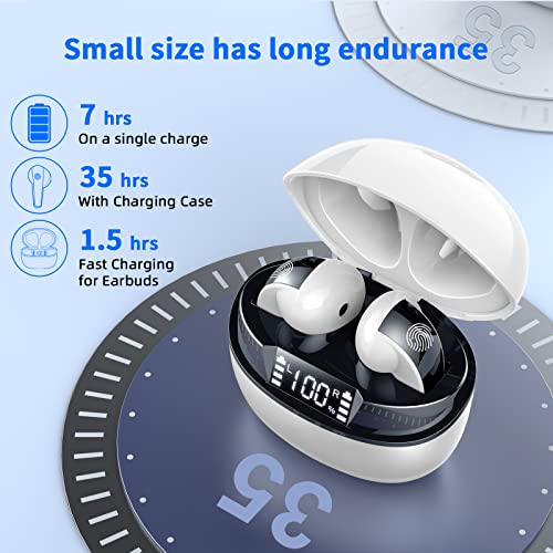 Renimer Wireless Earbud, Bluetooth 5.3 Headphones in Ear with Immersive Sound, Bluetooth Earbud Dual LED Display Wireless Earphones IP7 Waterproof Ear bud, 35H Playtime, Noise Cancelling, USB-C, White