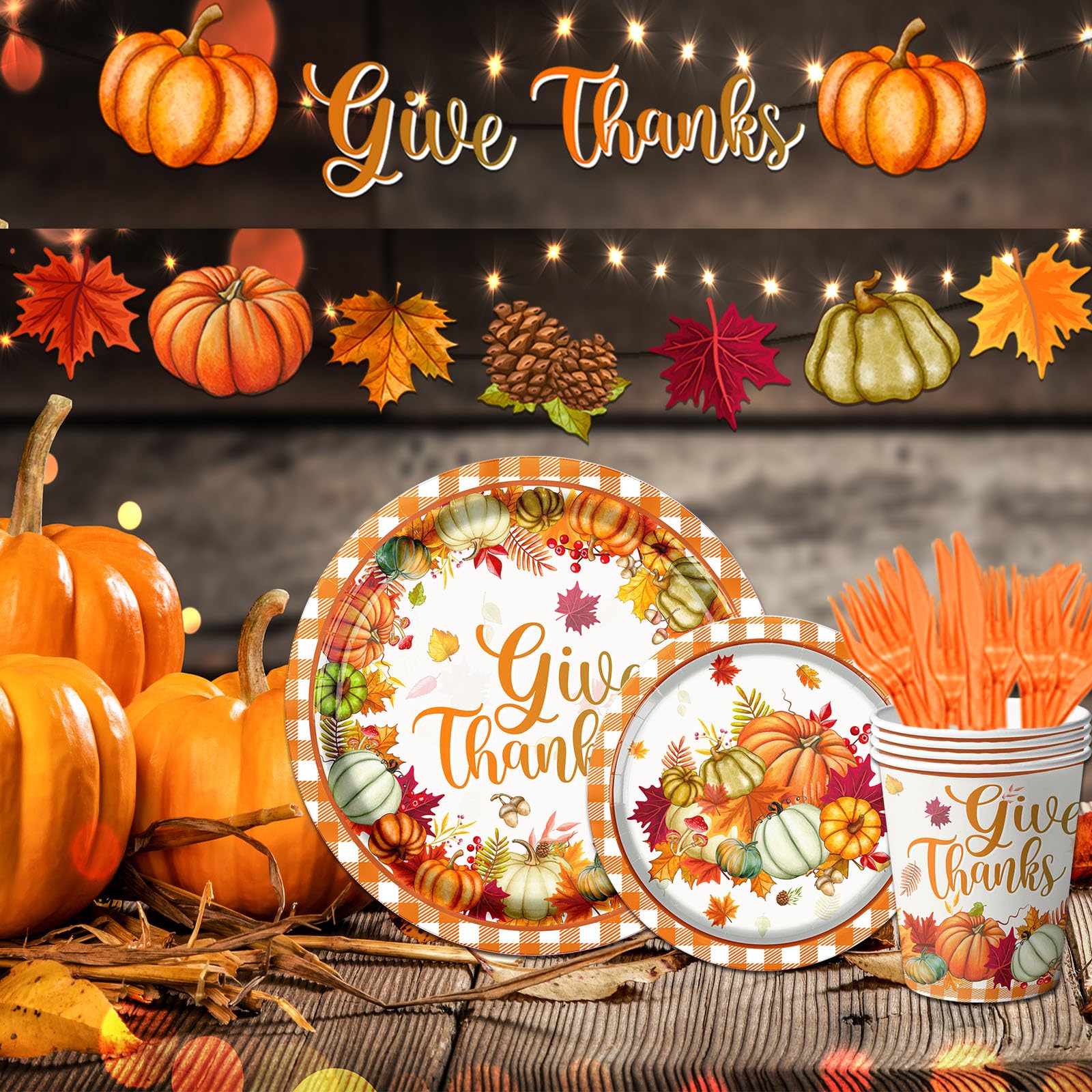 Thanksgiving Party Supplies,142pcs Fall Theme Tableware Set Include Give Thanks Plates Cups Napkins Plastic Tablecloth for Autumn Harvest Thanksgiving Party Supplies