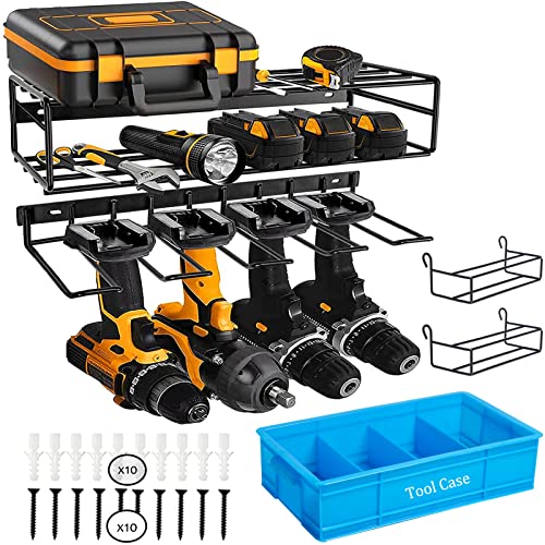 UNIKOO Power Tool Organizer, Garage Storage Rack with Tool Box, Heavy Duty Metal Drill Holder, Black Wall Mount Floating Shelf for Warehouse(4.33" D x 14.96" W x 7.87" H)