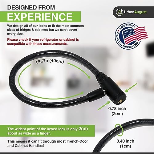 Urban August Original Fridge Lock Cabinet Locks with Keys - 2 Pack French-Door Refrigerator Lock for Kids Adult - Multifunctional Cable Lock for Fridge Cabinet Bike Stroller (Regular, Black - 2 Pack)