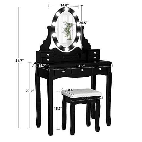 Quimoo Large Vanity Desk with LED Lighted Mirror & Power Outlet,Makeup Vanity Table with 7 Drawers,4 Shelves and 8 Hooks,for Bedroom,Bathroom,Black