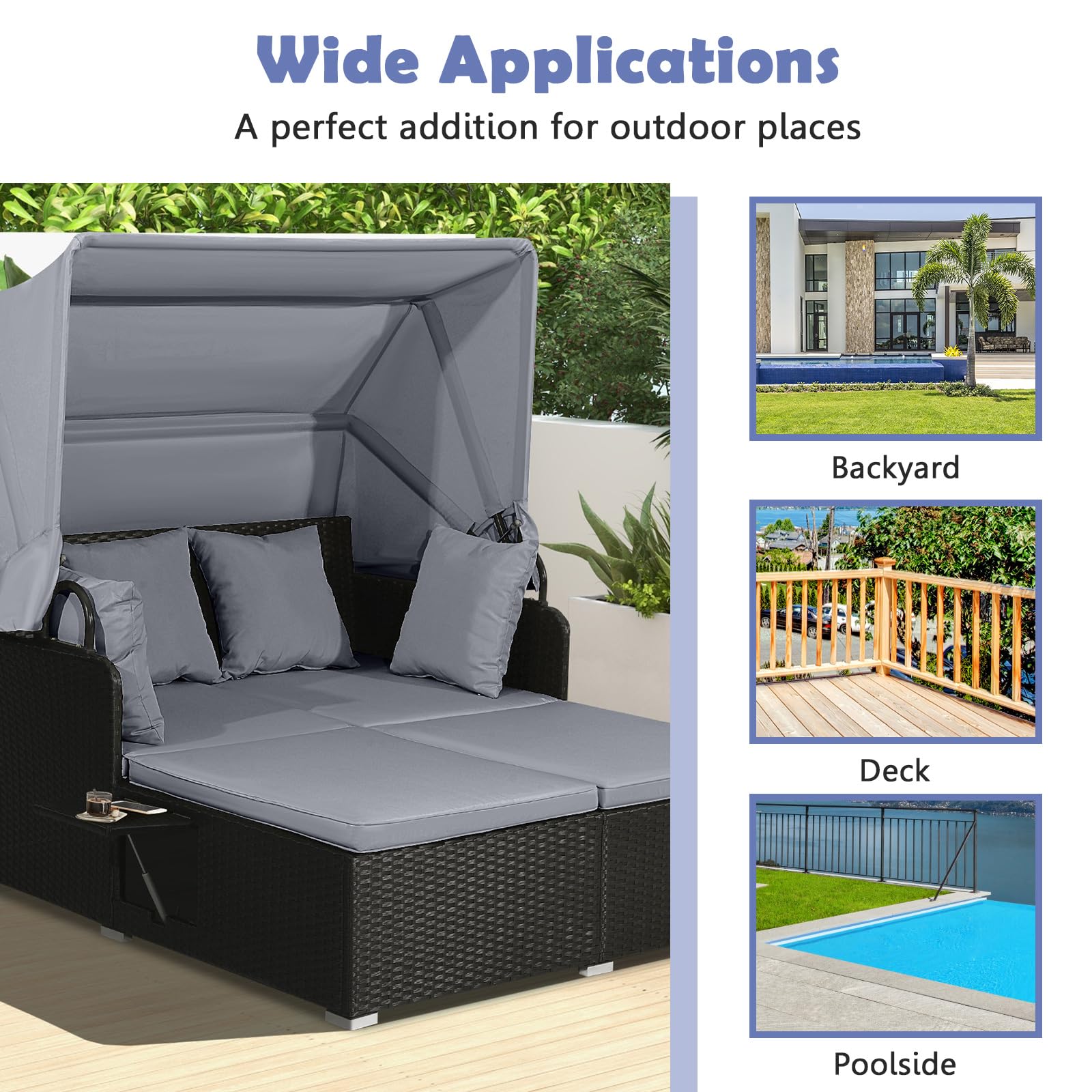 Tangkula Patio Rattan Daybed with Retractable Canopy, Patiojoy Wicker Sun Lounger with 2 Foldable Side Panels, Thick Seat & Back Cushions, for Garden, Backyard, Porch (Grey)
