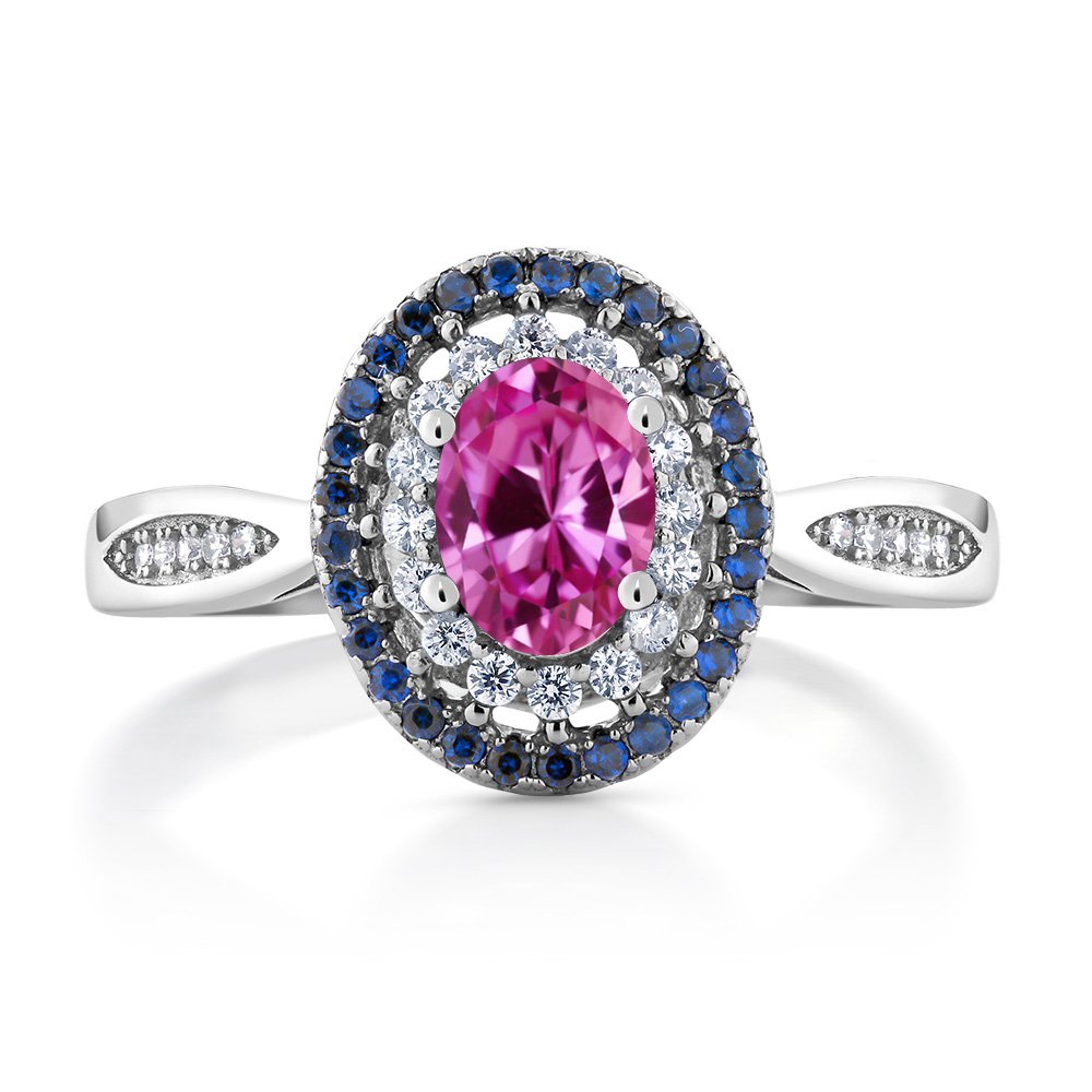 Gem Stone King 925 Sterling Silver 7X5MM Oval Gemstone Birthstone Double Halo Wedding Engagement Anniversary Promise Ring For Women | Available In Size 5, 6, 7, 8, 9