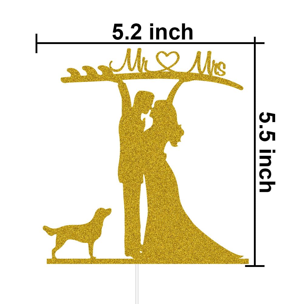 Surfing Couple Mr & Mrs Cake Topper with Dog Surfboard, Funny Wedding Cake Decors, Bride and Groom Wedding Anniversary Party Decorations Gold Glitter