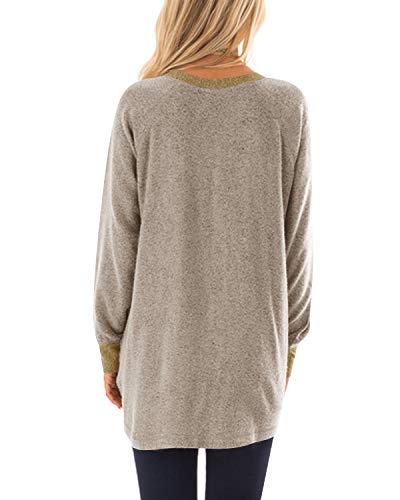 GADEWAKE Womens Casual Color Block Long Sleeve Round Neck Pocket T Shirts Blouses Sweatshirts Tops Khaki