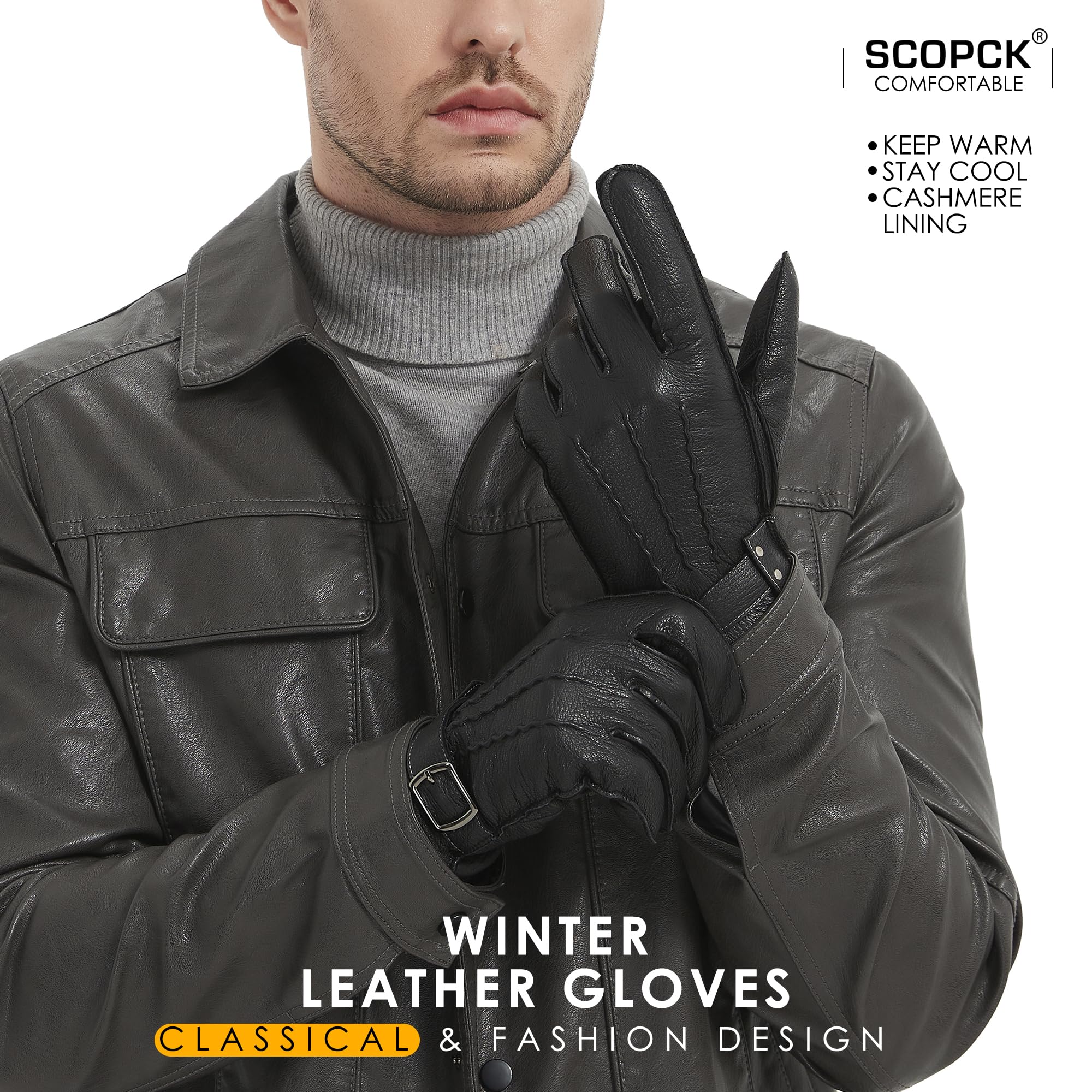Genuine Sheepskin Leather Gloves for Men, Winter Warm Touchscreen Texting Driving Motorcycle Cashmere Lined Gloves (Black, XXL)