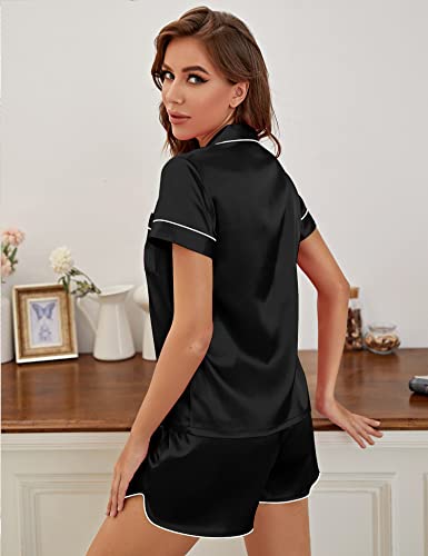 SWOMOG Womens Silk Satin Pajama Set Short Sleeve Pjs Set 2 Piece Button Down Sleepwear Lounge Sets Loungewear A-black