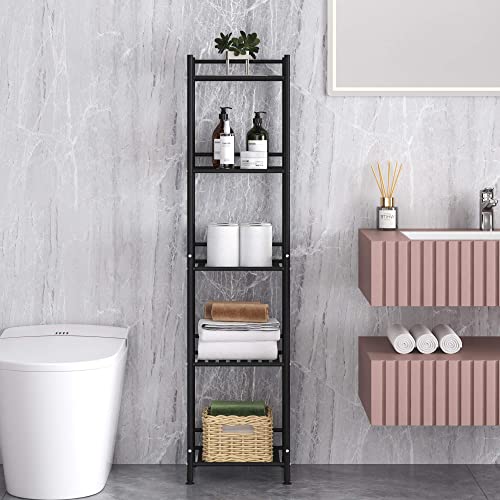 TZAMLI 5 Tier Shelving Unit, Free-Standing Bathroom Storage Shelves, Metal Heavy Duty Storage Rack Shelf for Small Space Kitchen Balcony Office, Matte Black
