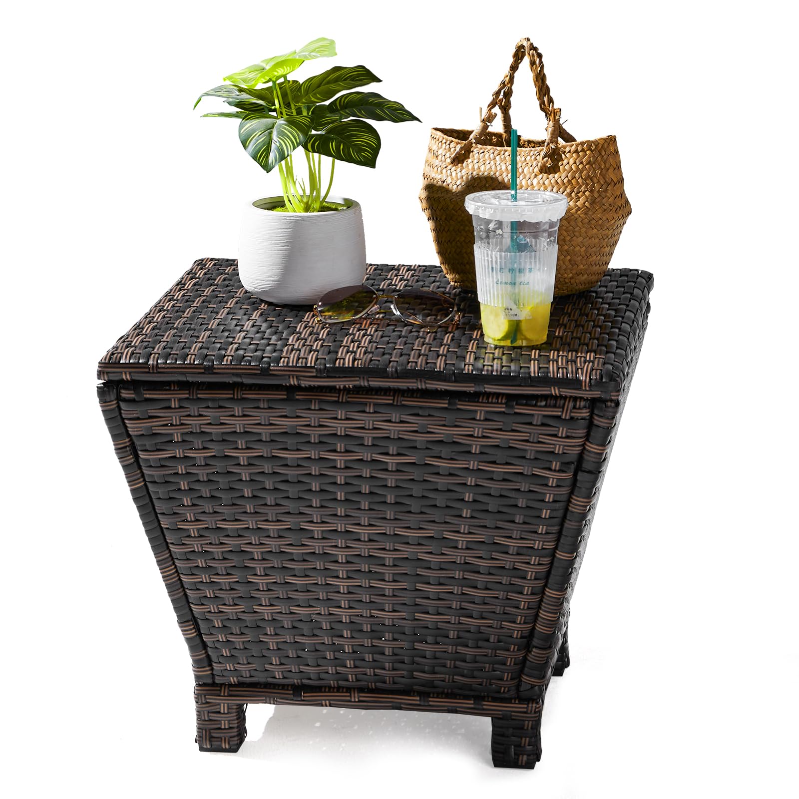Small Deck Storage Box Outdoor with Lid, 13 Gallon Small Outdoor Bin Storage Container for Hose Cushion Towel, Patio Brown Side Wicker Table with Storage-Steel, Rattan, Square