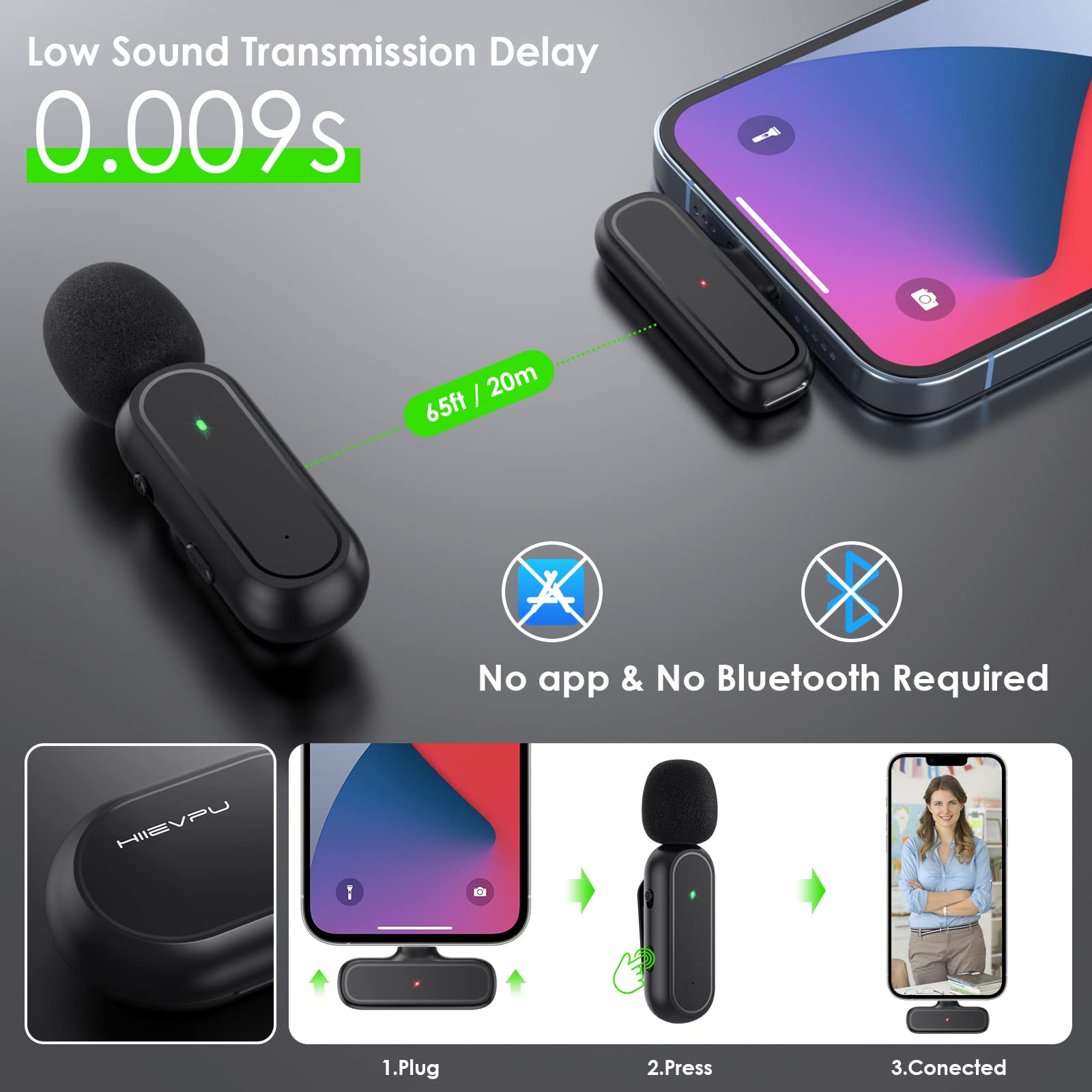 Hiievpu Wireless Microphone for iPhone & iPad, Professional and Portable Wireless Lavalier Lapel Microphone with Charging Case, Low Latency and Long Battery Life, Suitable for Vlog, TikTok (Two Mic)