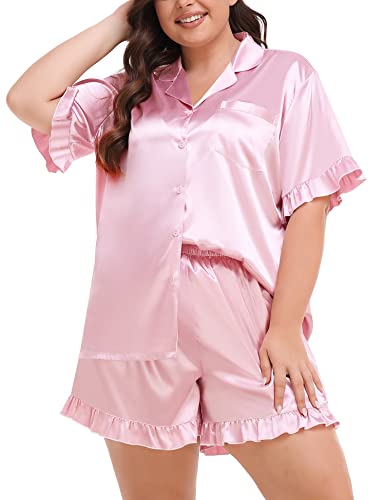 SWOMOG Womens Satin Plus Size Pajamas Silk Short Sleeve Pj Sets Ruffle Shorts 2 Piece Sleepwear Bride Soft Lounge Set 18-26W Pink