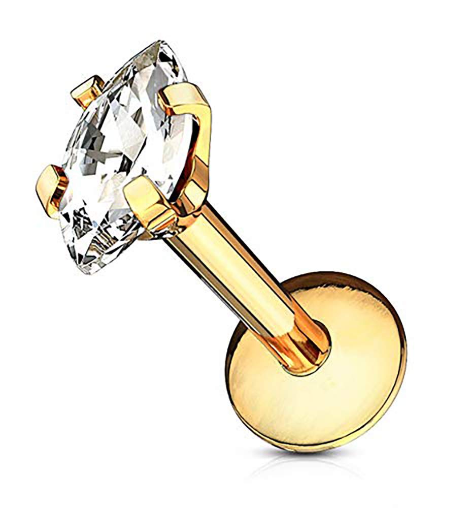 Forbidden Body Jewelry Tragus Earring, Labret Jewelry 16g, Tragus Piercing Jewelry Surgical Steel, Internally Threaded Surgical Steel Marquise CZ Labret Stud (Gold 6MM)