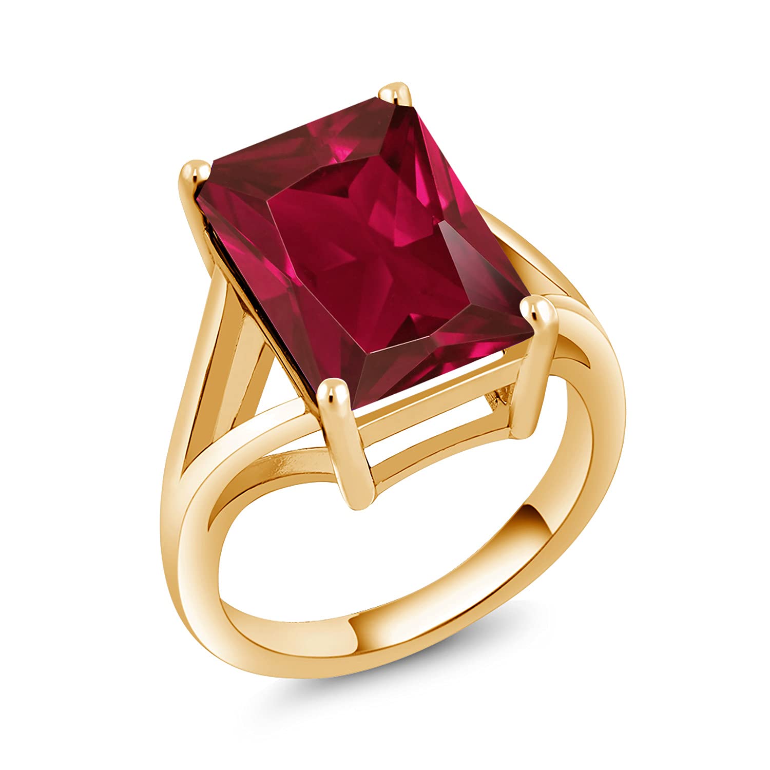 Gem Stone King 18K Yellow Gold Plated Silver Emerald Cut Created Ruby Solitaire Ring For Women (8.00 Cttw Available In Size 5, 6, 7, 8, 9)