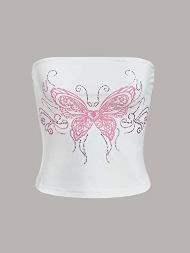 SOLY HUX Women's Rhinestone Butterfly Print Y2K Crop Tops Sleeveless Strapless Summer Bandeau Tube Top White Butterfly S