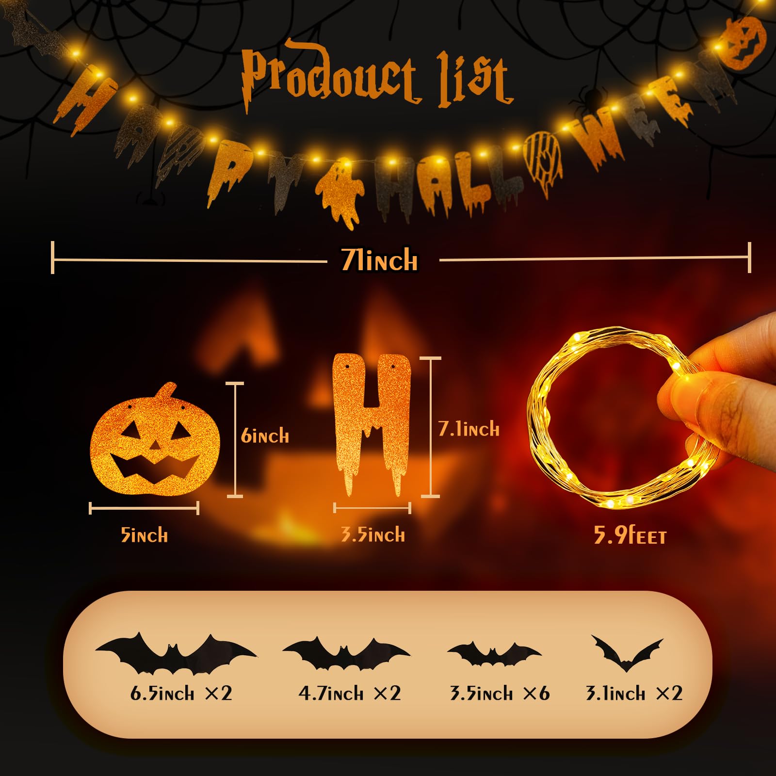 GIZIUXNE Happy Halloween Banner Set with LED Light Strip and 3D Bats Wall Decor for Halloween Party Decorations Indoor or Outdoor