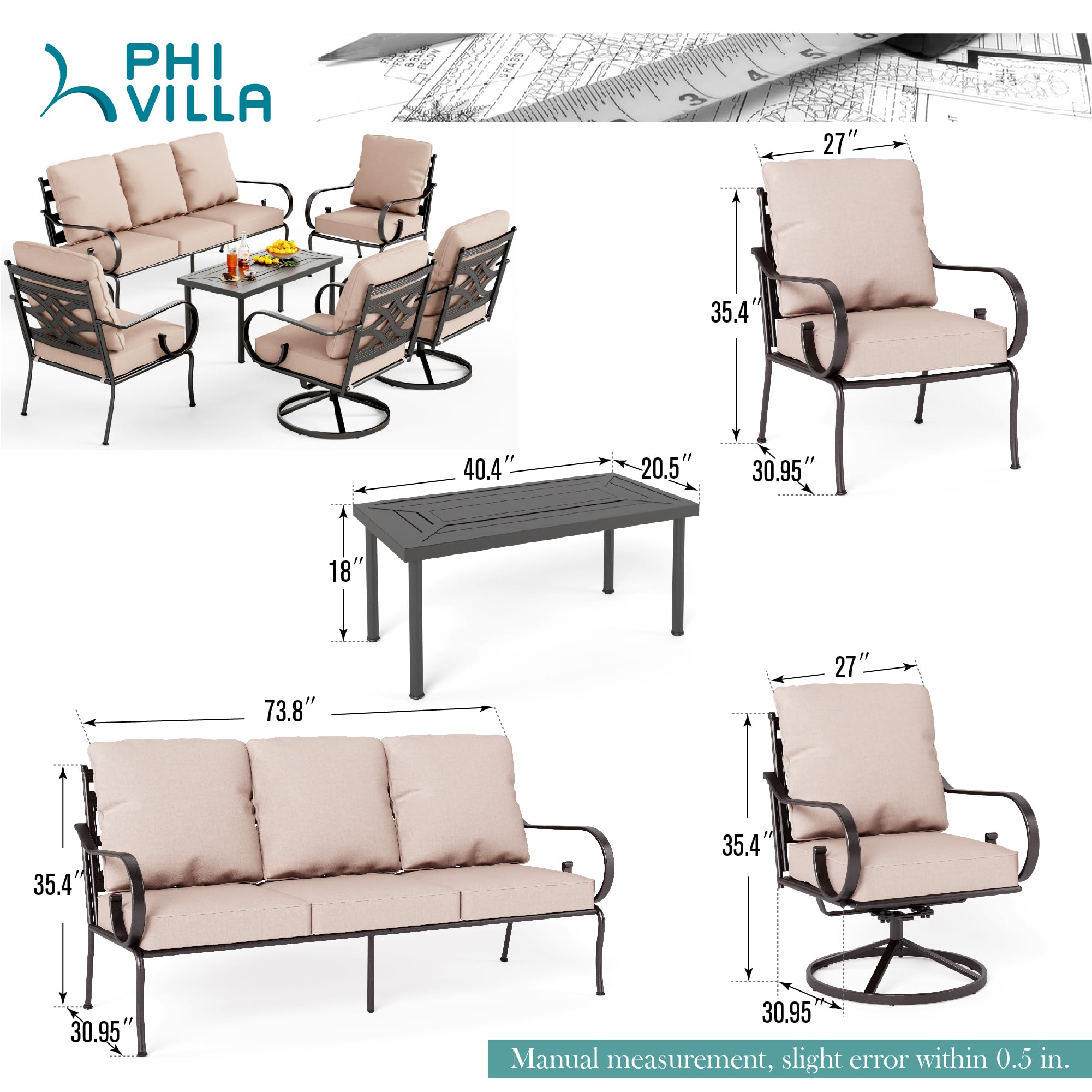 PHI VILLA Metal Patio Outdoor Furniture Sets,Large Heavy Duty Patio Conversation Sets for Backyard, Porch and Garden(Beige, 6 pcs w/Table)