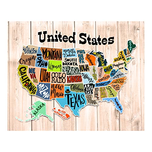 United States of America Map - American State Wall Decor print, This Rustic USA Travel Wall Poster Print Is An Ideal Wall Art For Home, Office, Garage, Cave, and Shop Decor, Unframed - 11x14"