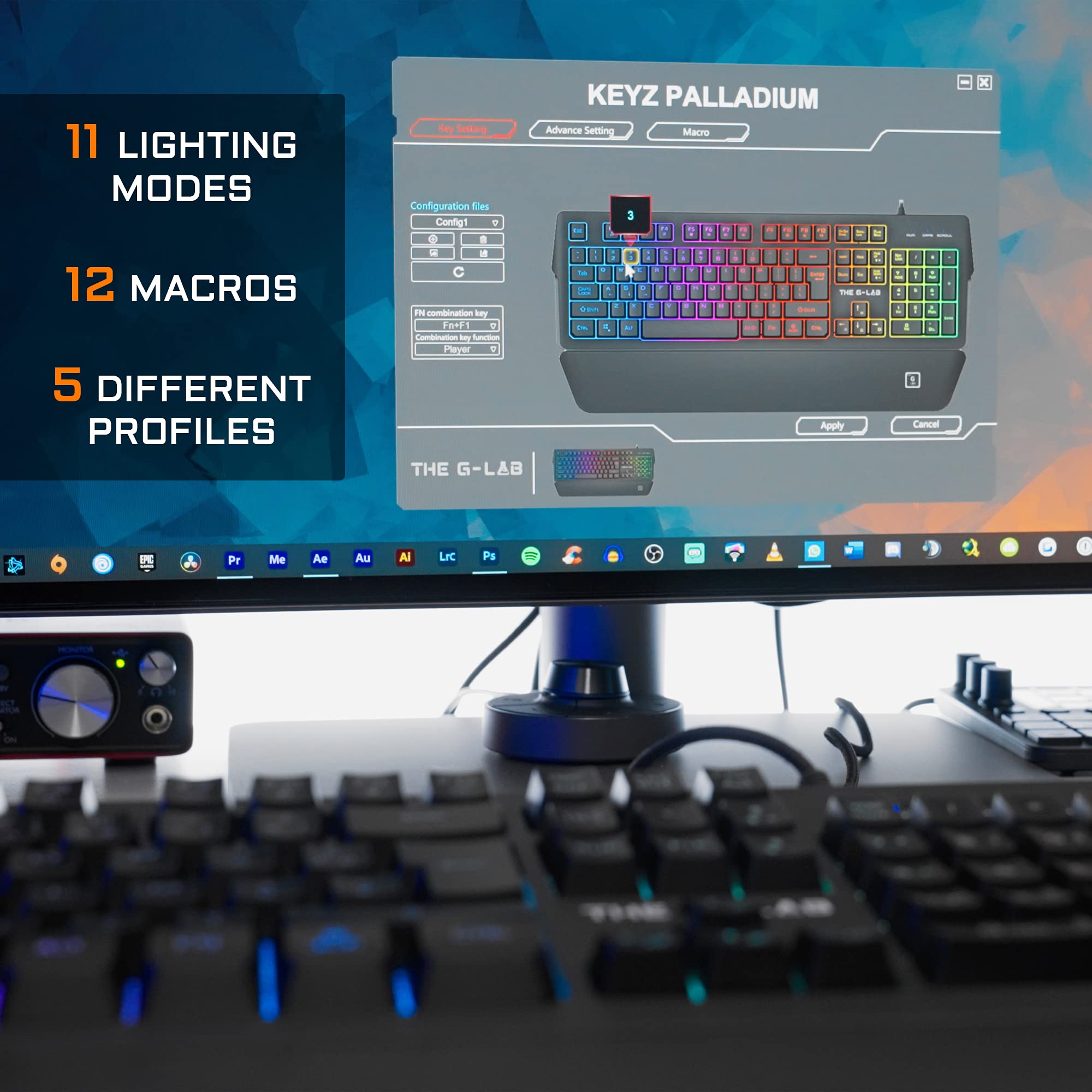 G-LAB Keyz Palladium Wired USB QWERTY Gaming Keyboard - Multicolor RGB LED Backlit Gaming Keyboard, Magnetic Wrist Rest, 26 Anti-ghosting Keys, Durable - PC and Consoles PS5 (Black)