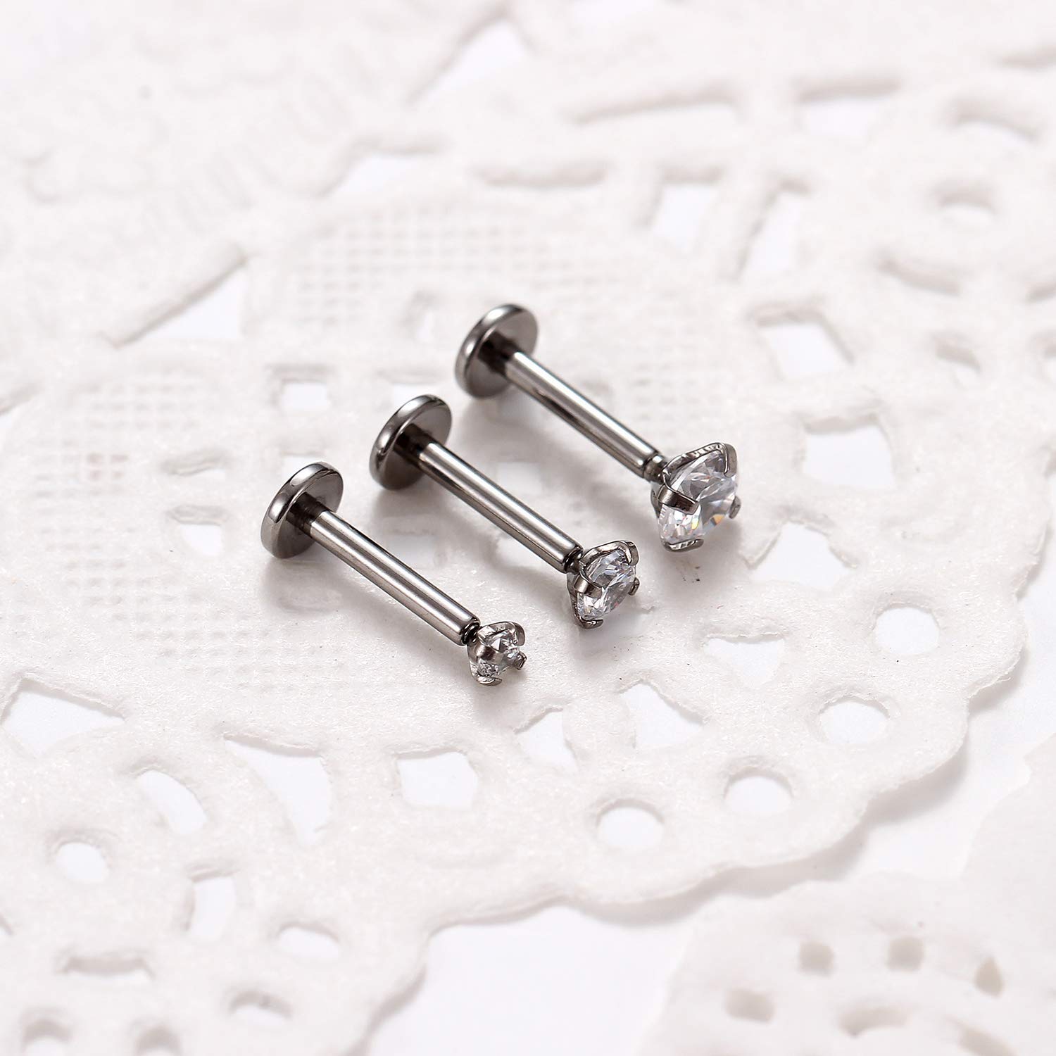 GAGABODY Forward Helix Earring 2/3/4mm Cubic Zirconia 3pcs G23 Titanium 16G 8mm Internally Threaded Labret Cartilage Tragus Monroe Lip Studs Piercing