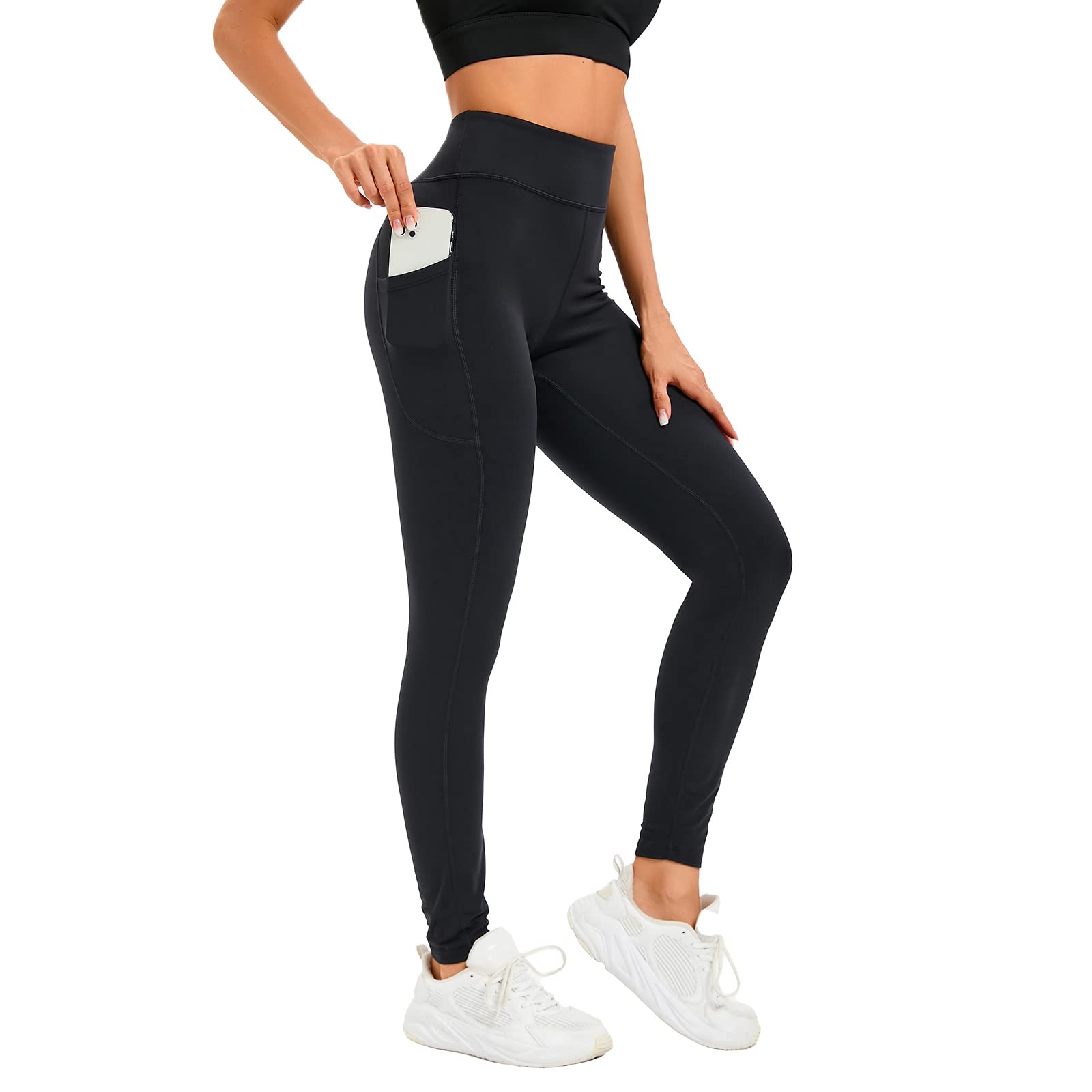 jorkolala Woman‘s Yoga Pants with Pockets Tummy Control, 4 Ways Stretch Workout Running Yoga Leggings Black
