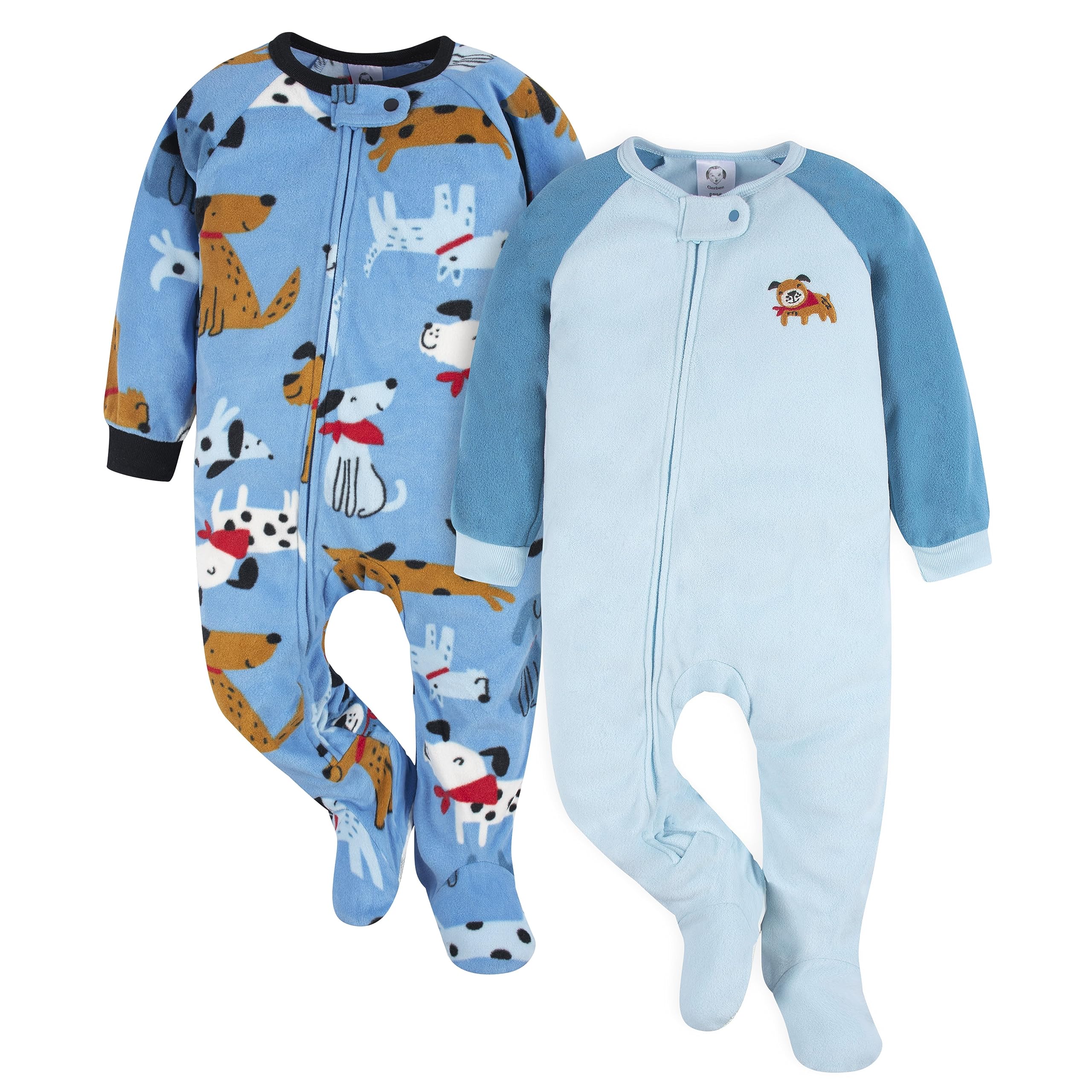 Gerber Baby Boys' Toddler Loose Fit Flame Resistant Fleece Footed Pajamas 2-Pack, Blue Dogs, 2T