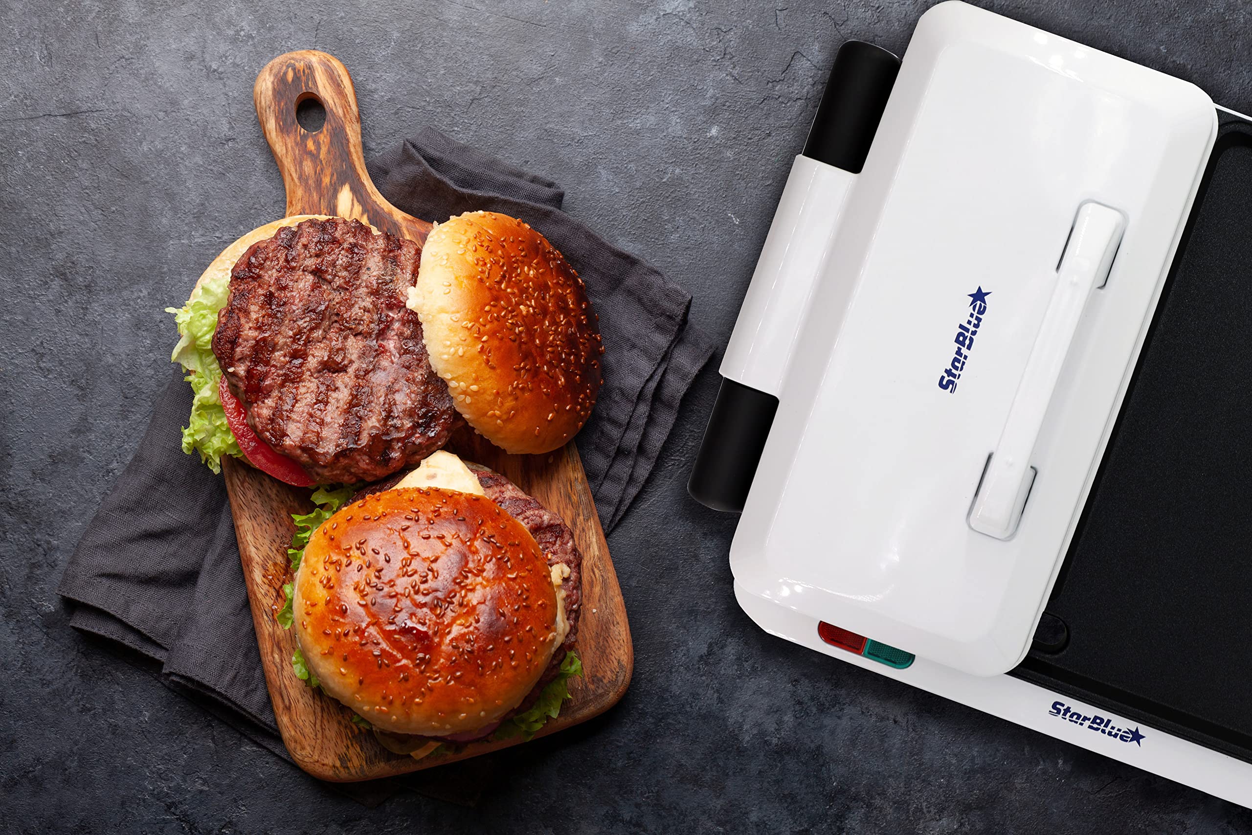 Hamburger Grill Maker by StarBlue with FREE Burger Press and Recipes eBook - Portable and Multipurpose Machine AC120V 60HZ 1000W