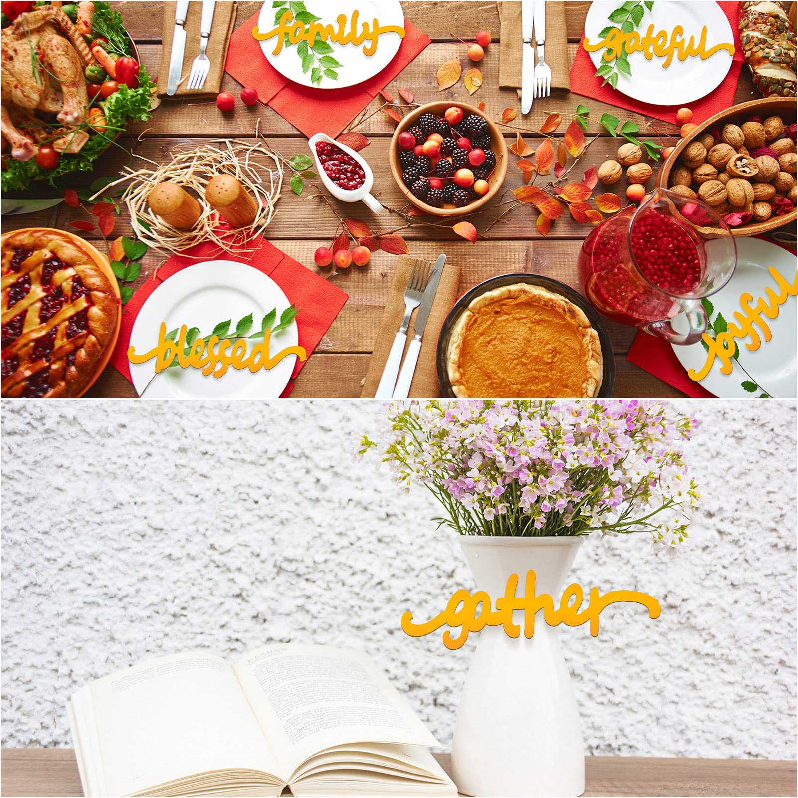Yookeer 12 Pieces Thanksgiving Wood Cutouts Cards Fall Plate Decorations Thanksgiving Place Setting Thankful Grateful Blessed Family Joyful Wood Table Sign for Thanksgiving Dinner Decorations