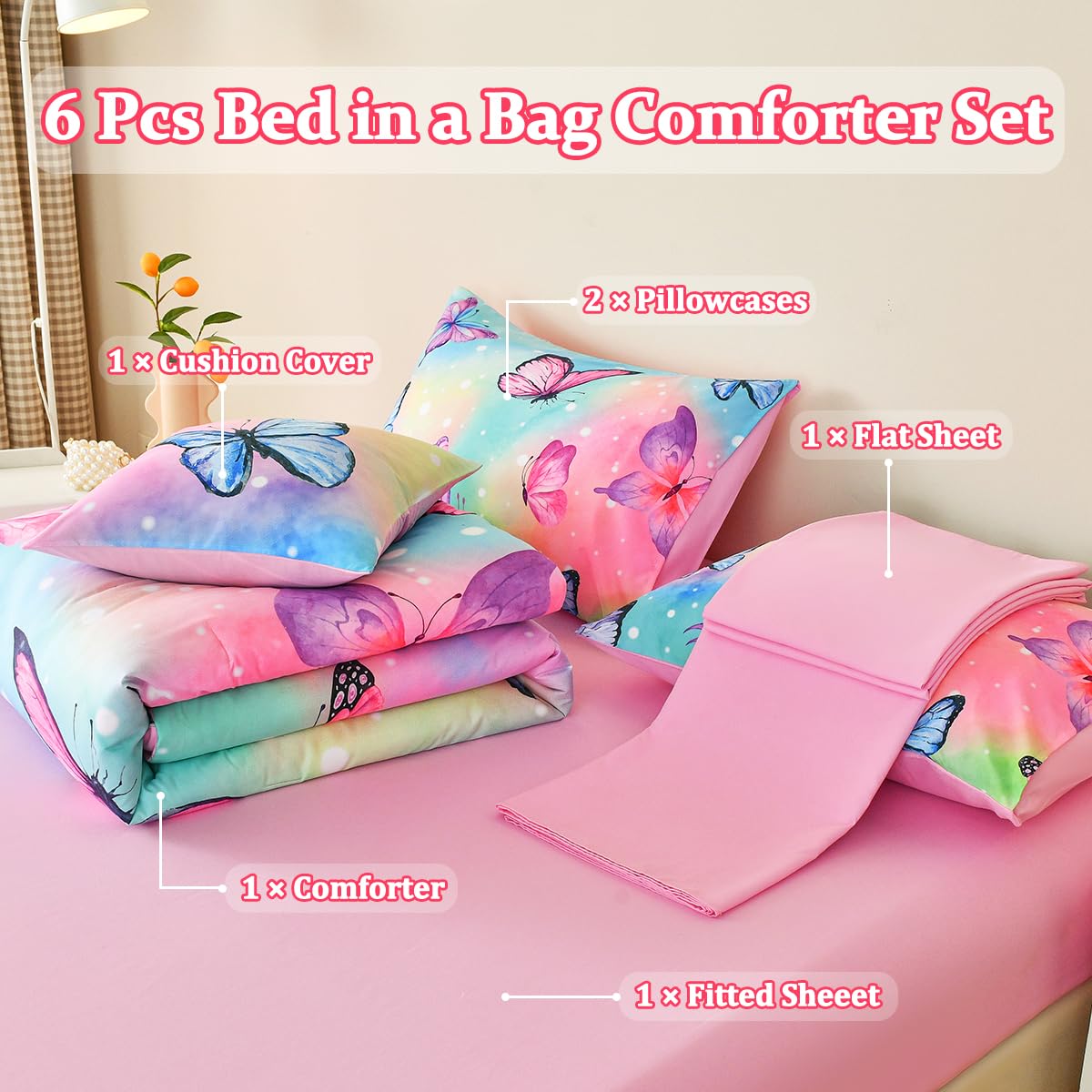 Tasselily Butterfly Bedding Set Full, Pink Butterfly Comforter Set for Girls Kids Teens 6 pcs Bed in a Bag Full Bedding Sets for Girls