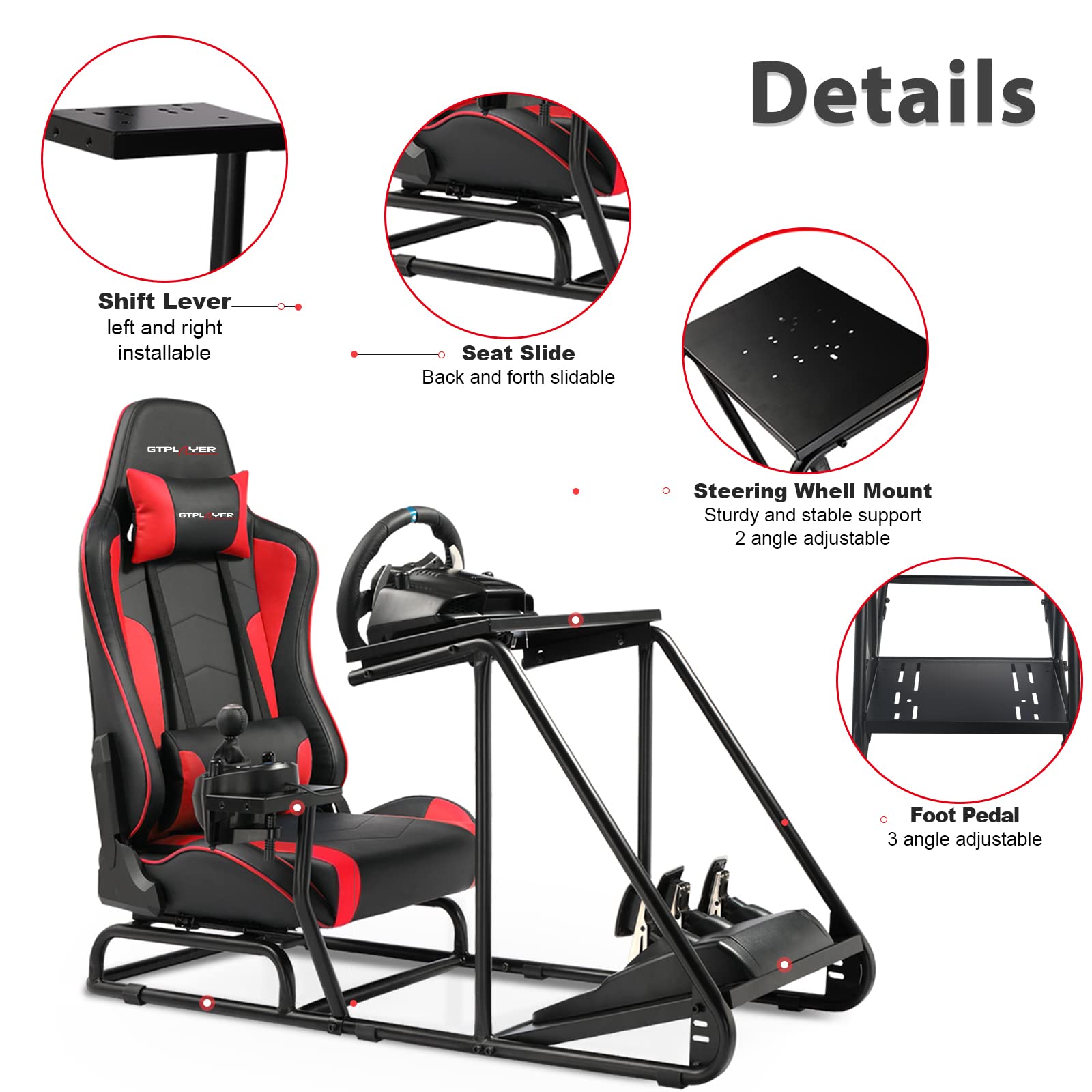 GTPLAYER Racing Simulator Cockpit with Gaming Chair and Bluetooth Speakers, Racing Style Reclining Seat and Sleigh Shape Alloy Steel Frame (Deepred)