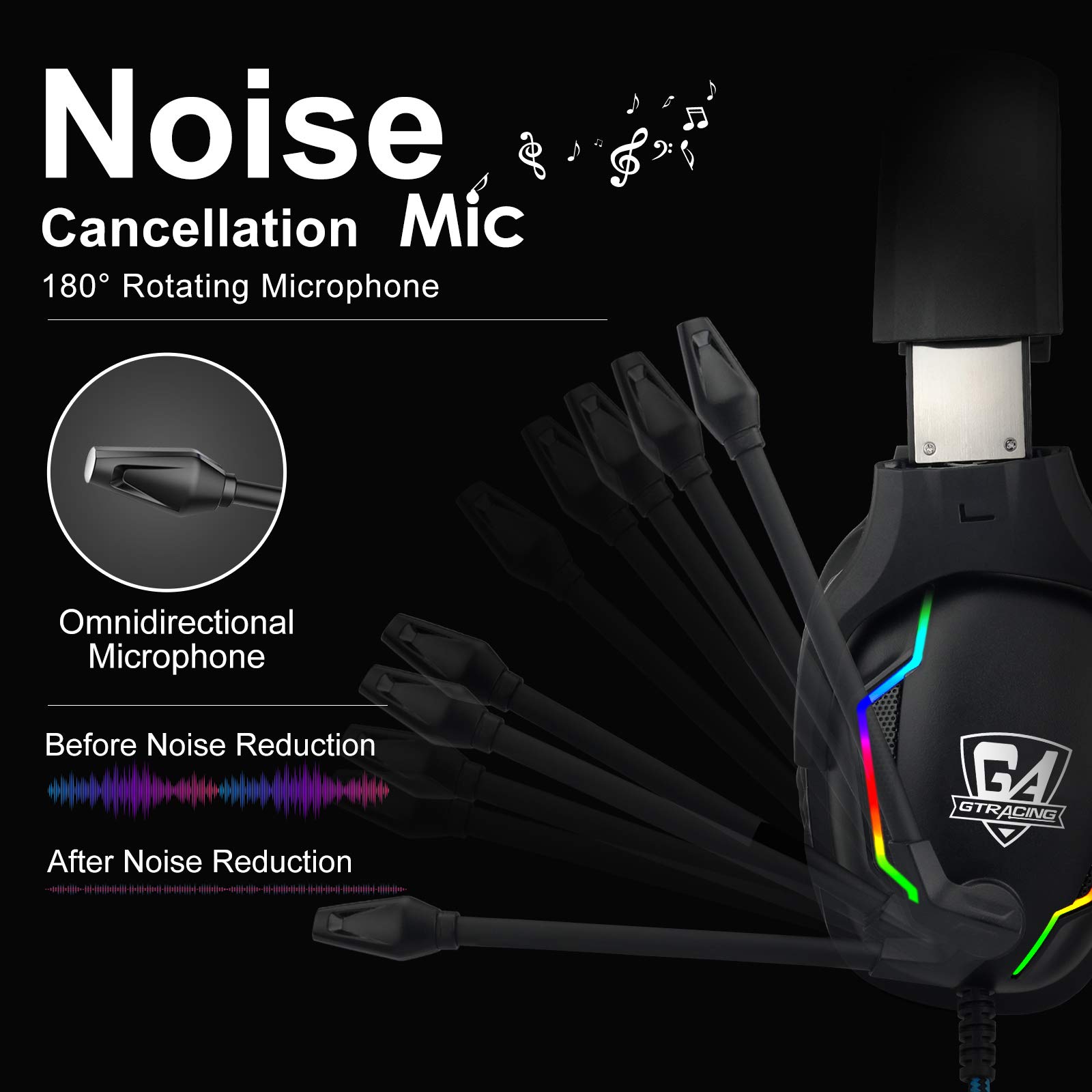 GTRACING Gaming Headset for PC - Computer Headphones with Surround Sound Stereo Noise Canceling Mic/Microphone RGB Light - Gaming Headphones for Nintendo Switch, PS4, Console Laptop,Black