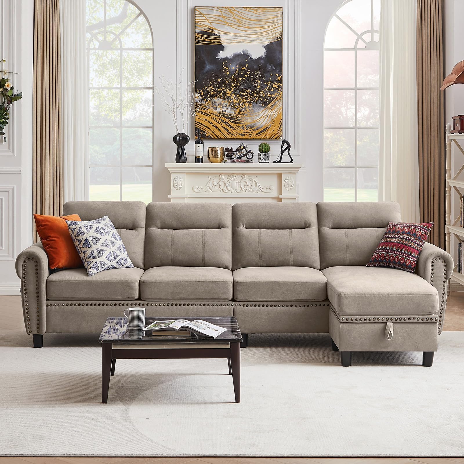 Soscana 112" Convertible Sectional Sofa Couch, 4 Seater L Shaped with Ottoman Reversible Chaise, Modern Microfiber Couches for Living Room, Light Grey