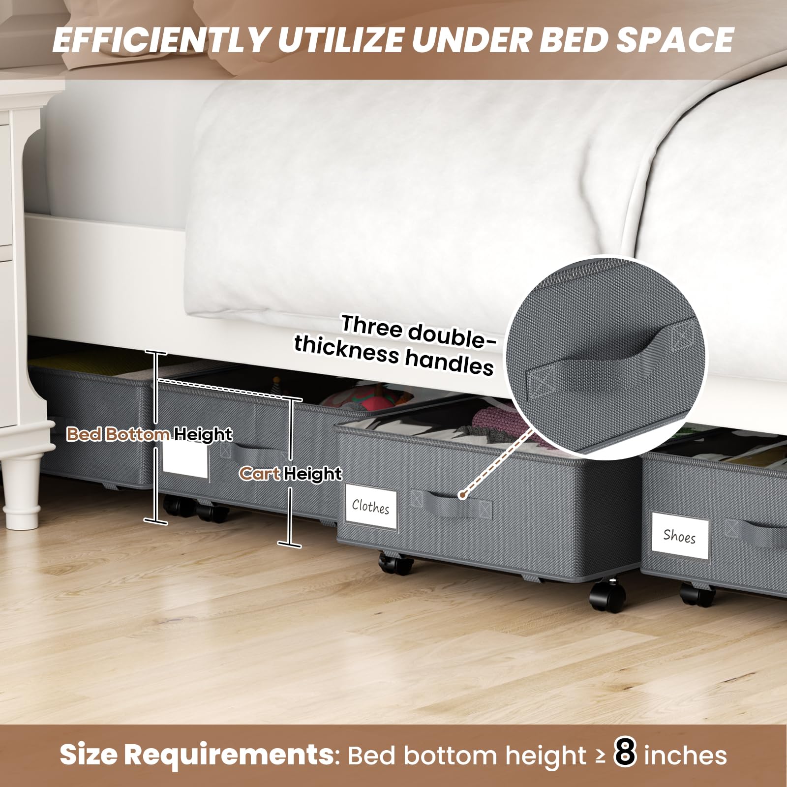 PHINOX Under Bed Storage Containers with Wheels, Under Bed Shoe Storage Bins Organizer with Clear Window Reinforced Handles, Large Underbed Storage Drawer for Clothes, Blankets, Sheet, Bedroom-2 Pack