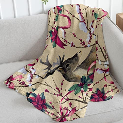 Reindeer with Flowerl Throw Blanket 59x39 Warm Soft Blankets and Throws for Sofa