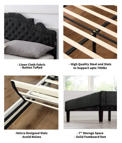 Queen Upholstered Platform Bed Frame with 47" Tall Adjustable Headboard - Button Tufted Linen Bed - Wood Slat Support with Storage Space - No Box Spring Needed - Black - Oliver & Smith - Elizabeth