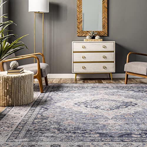 nuLOOM Elsa Floral Blossom Machine Washable Ultra Thin Area Rug, 8' x 10', Blue