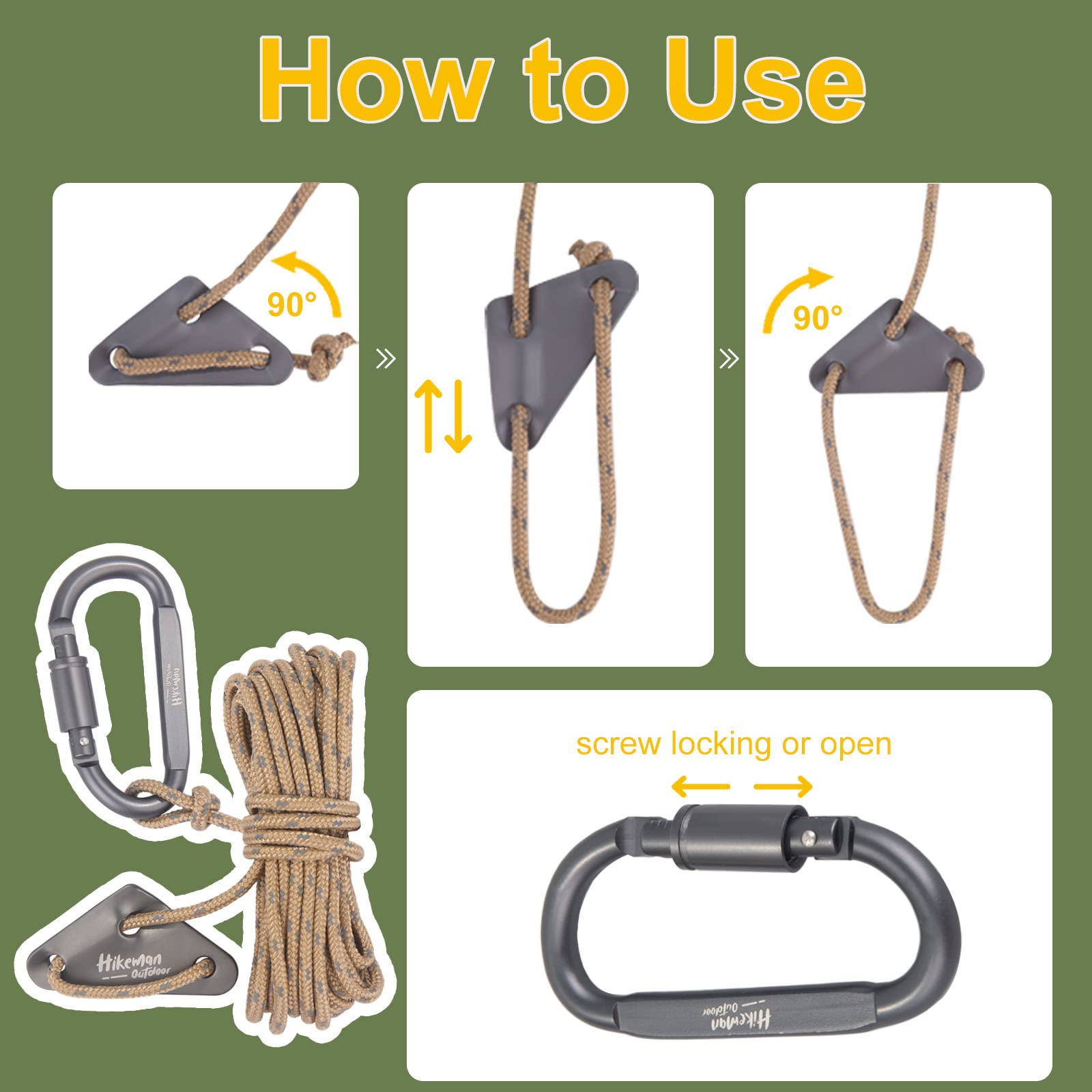 Hikeman 4 Pack Camping Rope with Locking Carabiner Clip,4mm Reflective Guy Lines with Triangular Guyline Adjuster Tensioner,Nylon Cord for Tent Tarp Tie Down,Hiking,Backpacking (Khaki)
