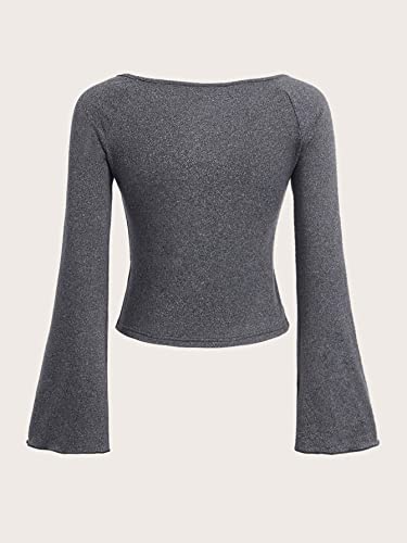 SOLY HUX Women's Rhinestone Heart Print T Shirt Bell Long Sleeve Fitted Y2K Tee Tops Solid Grey L