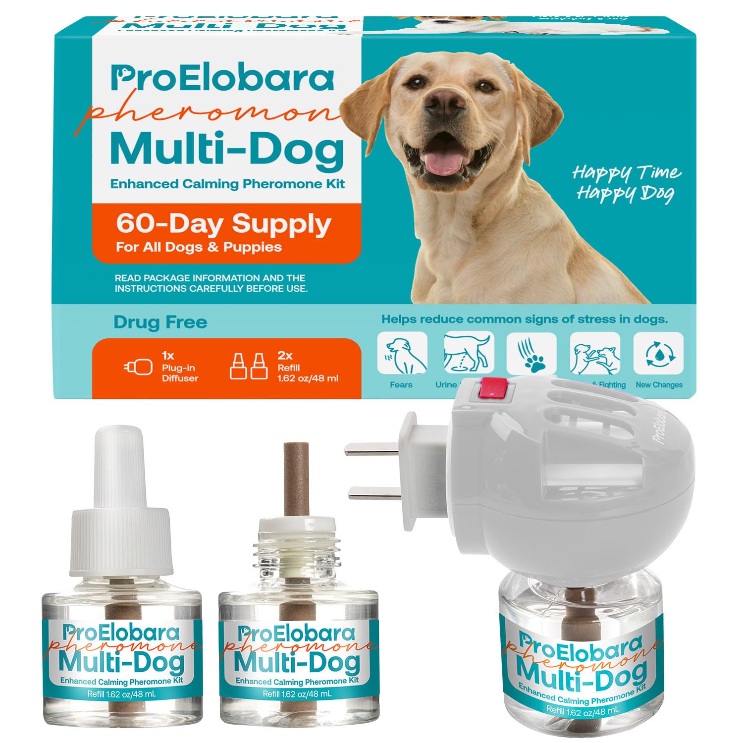 ProElobara Dog Calming Pheromone Diffuser: Dog Calming Pheromones Plug Diffuser - Reduces Stress & Anxiety Calming Pheromone Diffuser for Dogs - Calm Dogs 60 Supply (Blue)