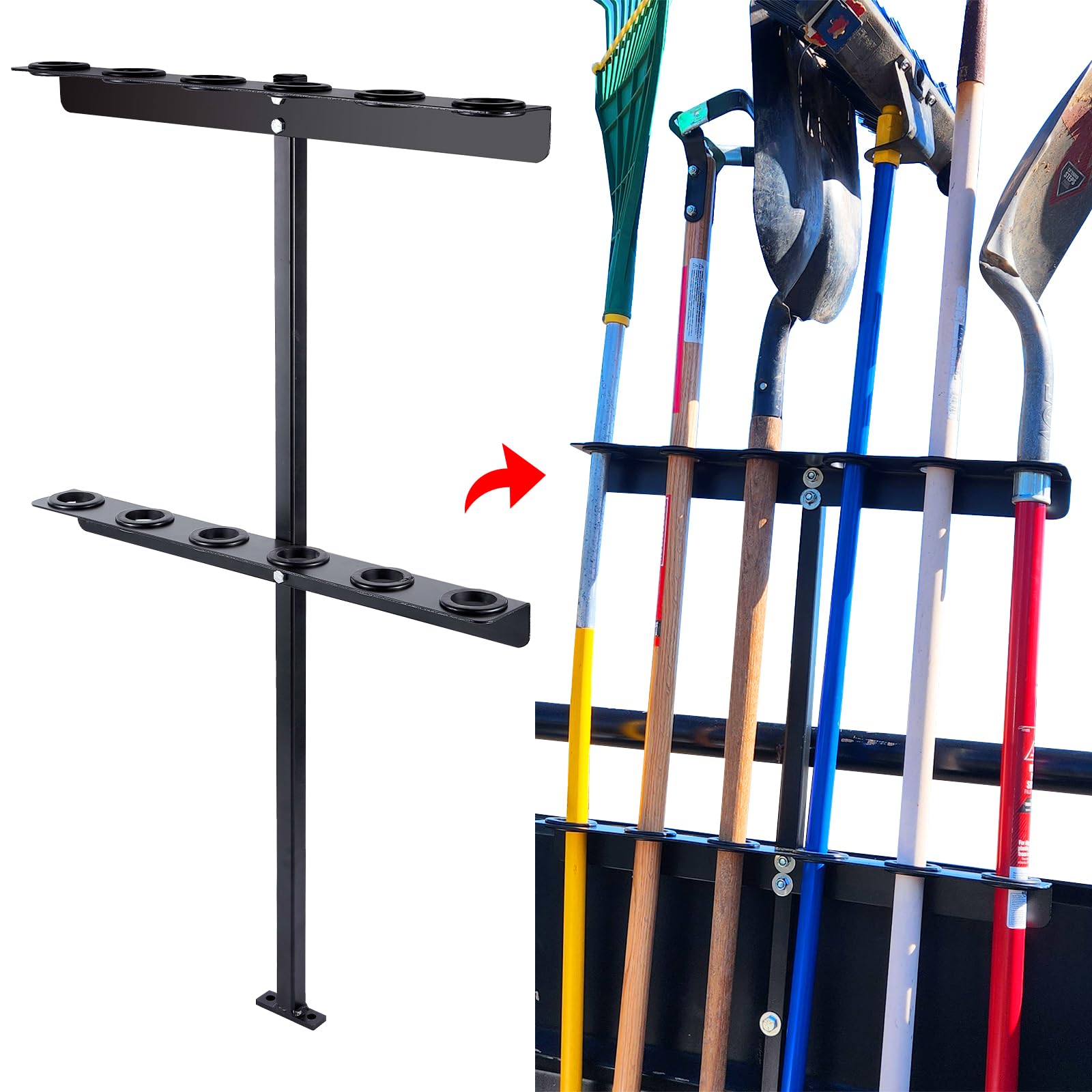 TECTRUC Vertical Hand Rack Landscape Hand Tool Rack,6 Holes Long Handle Tool Storage Holder for Truck Trailer& Garage or Shed Walls Holds 6 Tools for Shovels, Rakes, Hoes(1 Pack, Black)