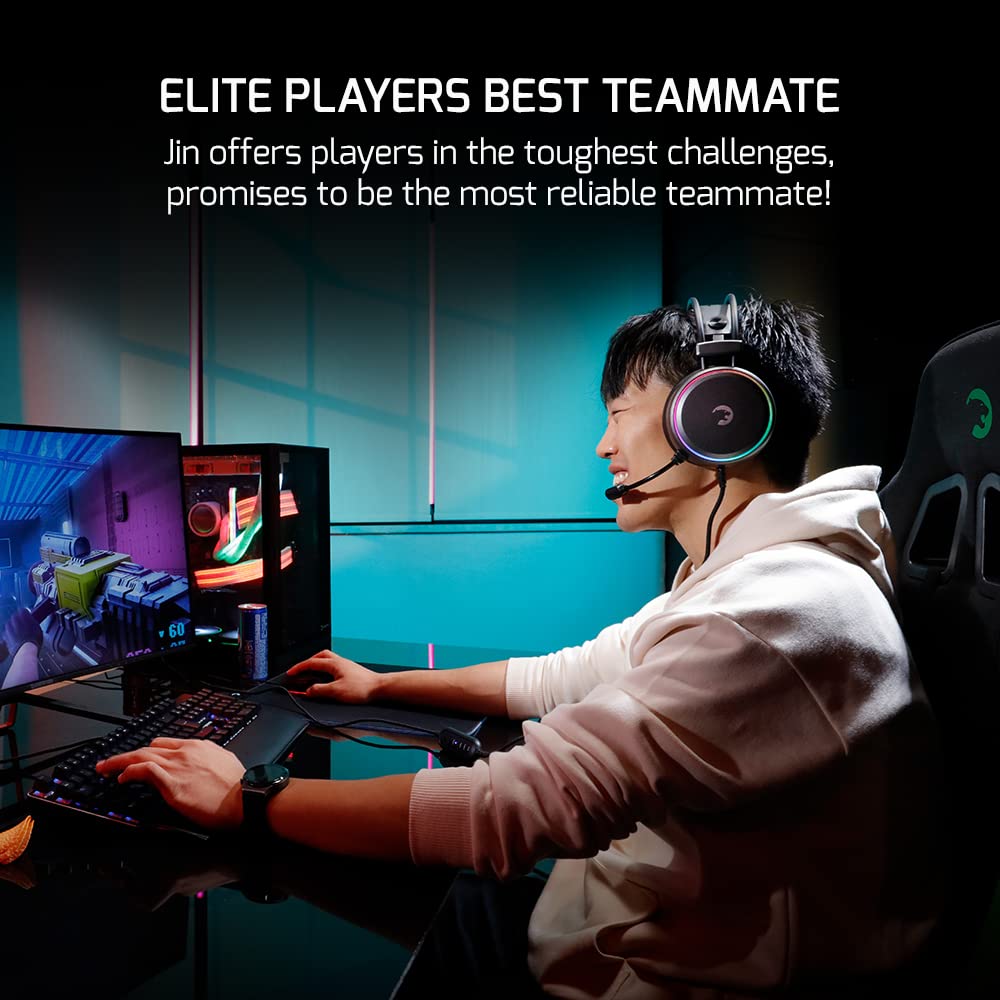 GAMEPOWER Jin USB Gaming Headset - 7.1 Virtual Surround Sound, Wired Led Headphones with 50MM Drivers, Comfort Design, 360 Spatial Audio, Noise Cancelling Mic for PC, PS4, PS5, Black